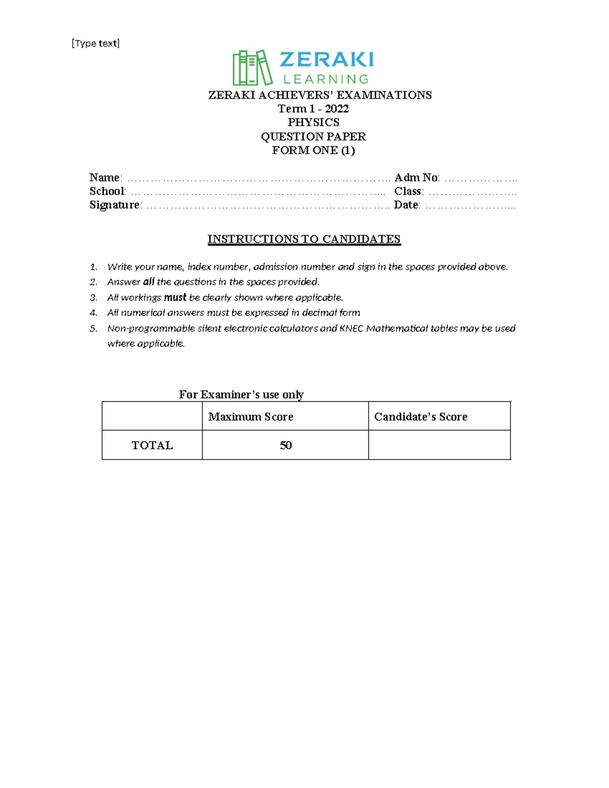 Physics - Physics Form 1 - Zeraki Achievers 6.0 - Question Paper ...