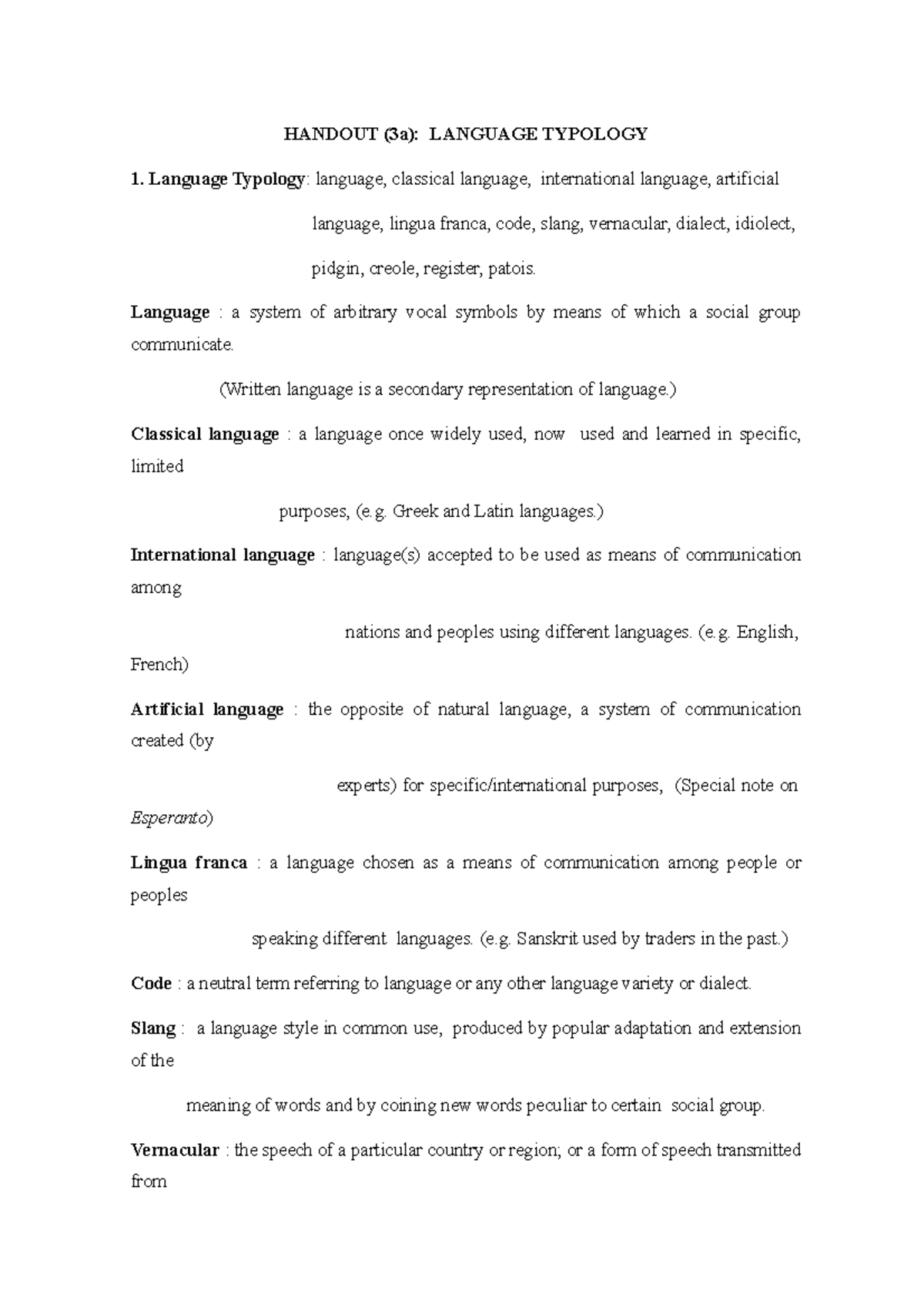 Handout (3a) Language Typology - HANDOUT (3a): LANGUAGE TYPOLOGY ...