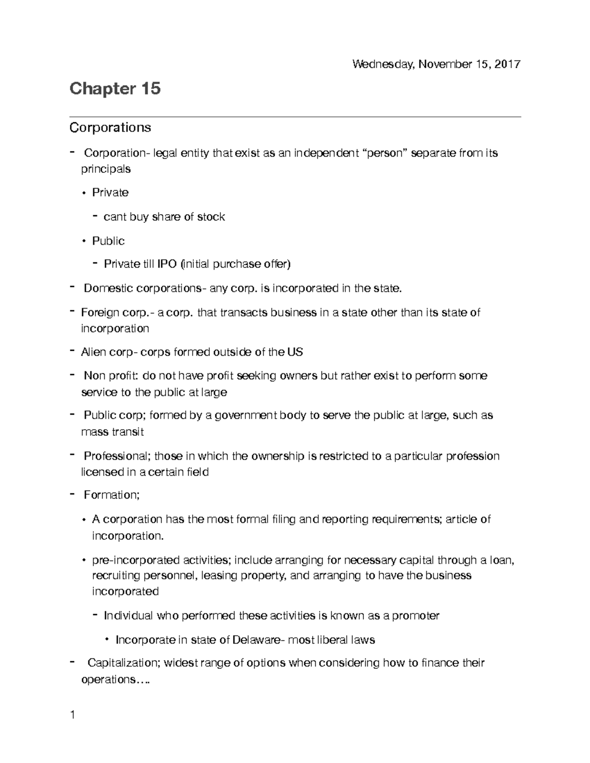 Chapter 15- corporation - Wednesday, November 15, 2017 Chapter 15 ...