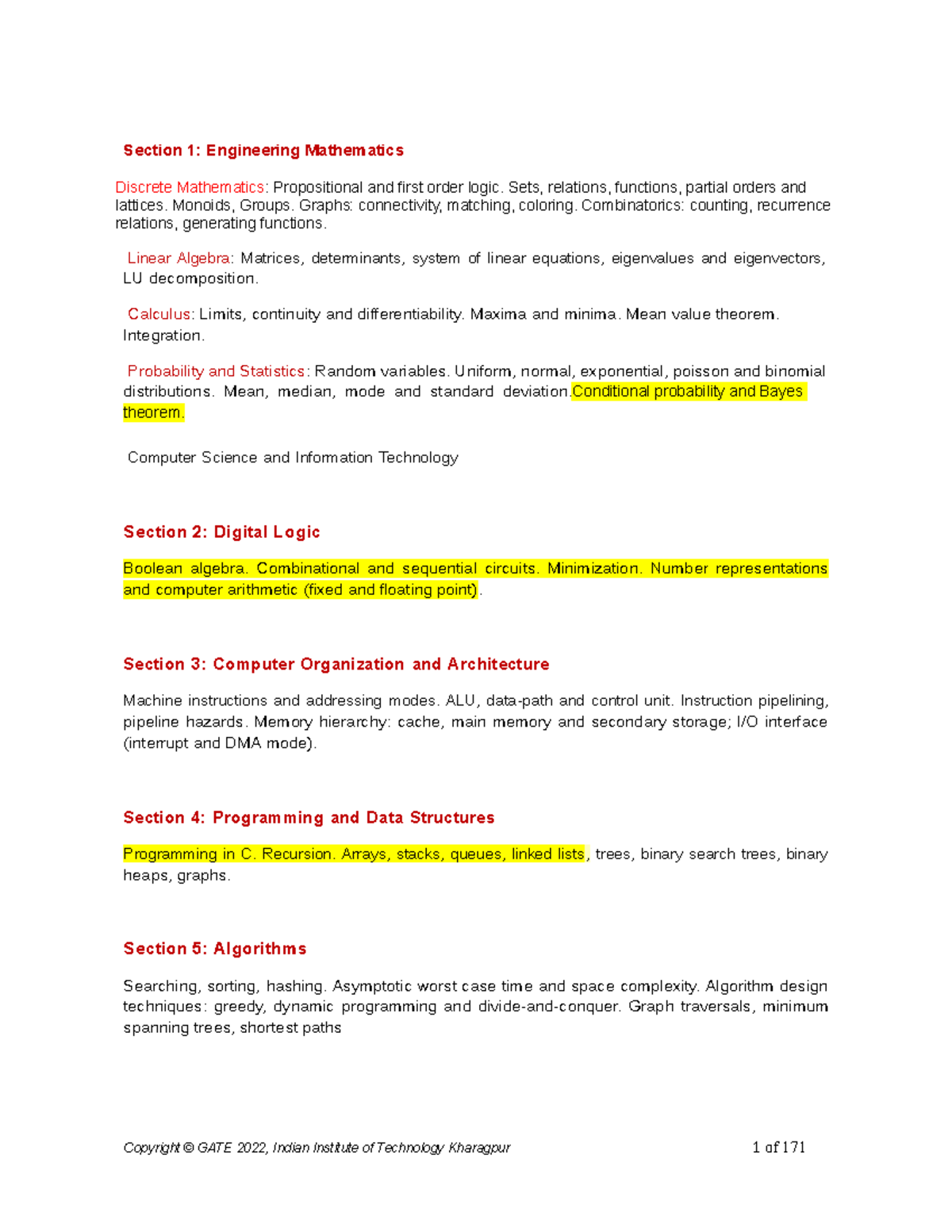 Cs 2022 Computer Science Gate Syllabus Copyright © Gate 2022 Indian Institute Of Technology