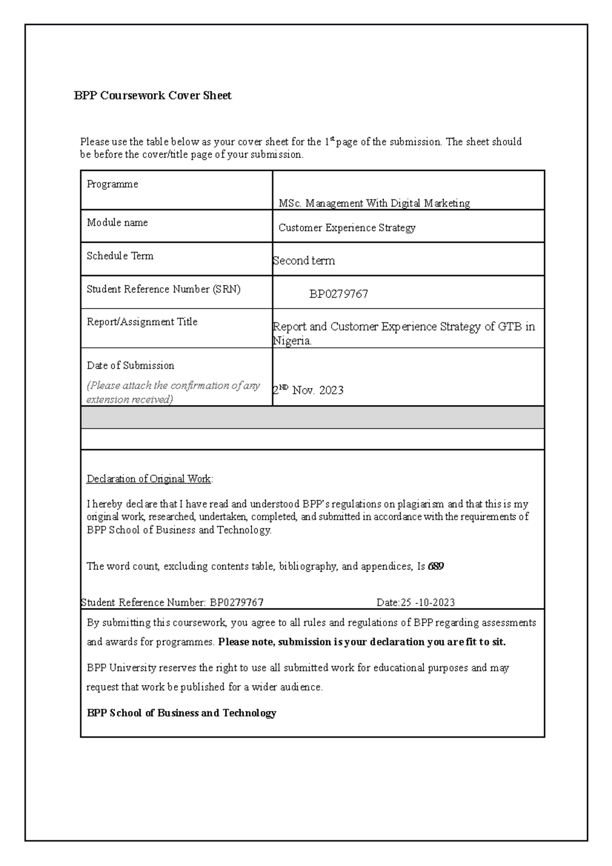 Customer experience strategy BP0279767 - BPP Coursework Cover Sheet Please use the table below ...