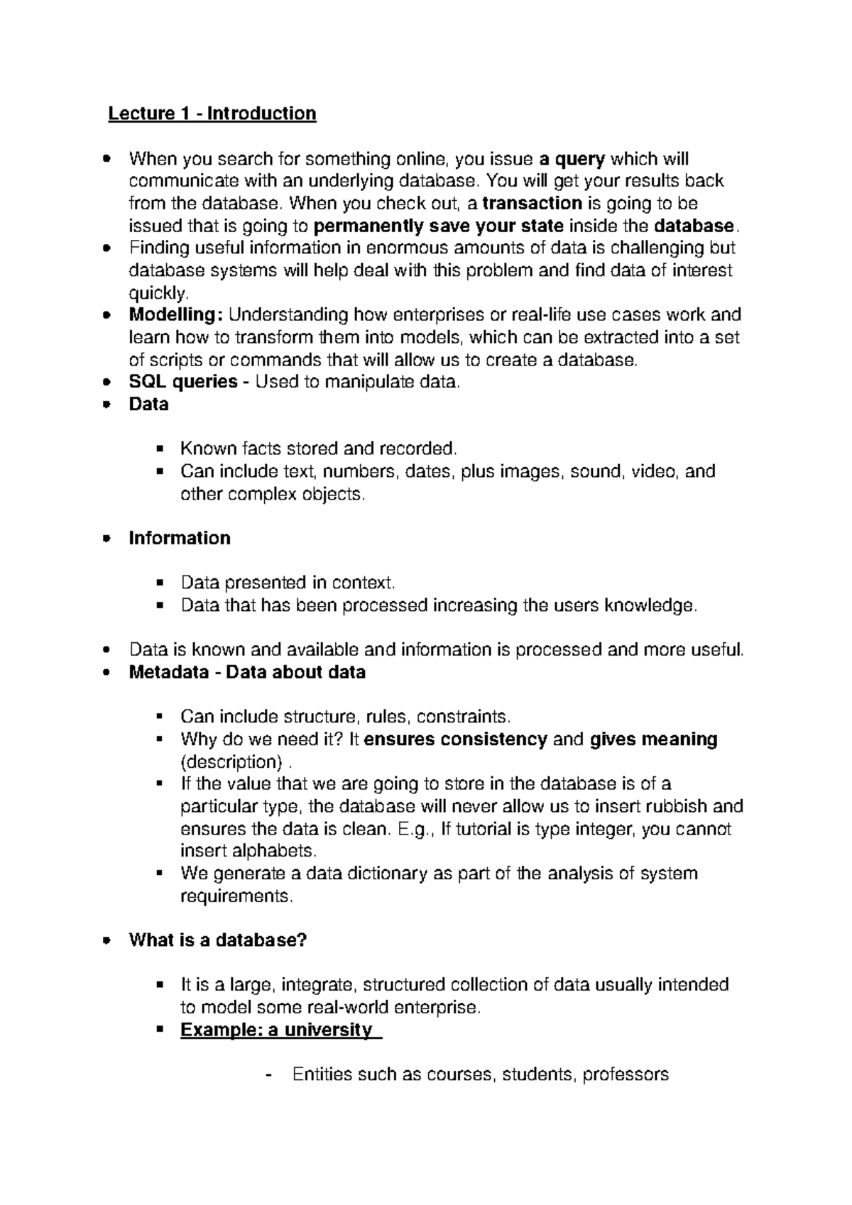 Database Systems Notes - Lecture 1 - Introduction When you search for ...