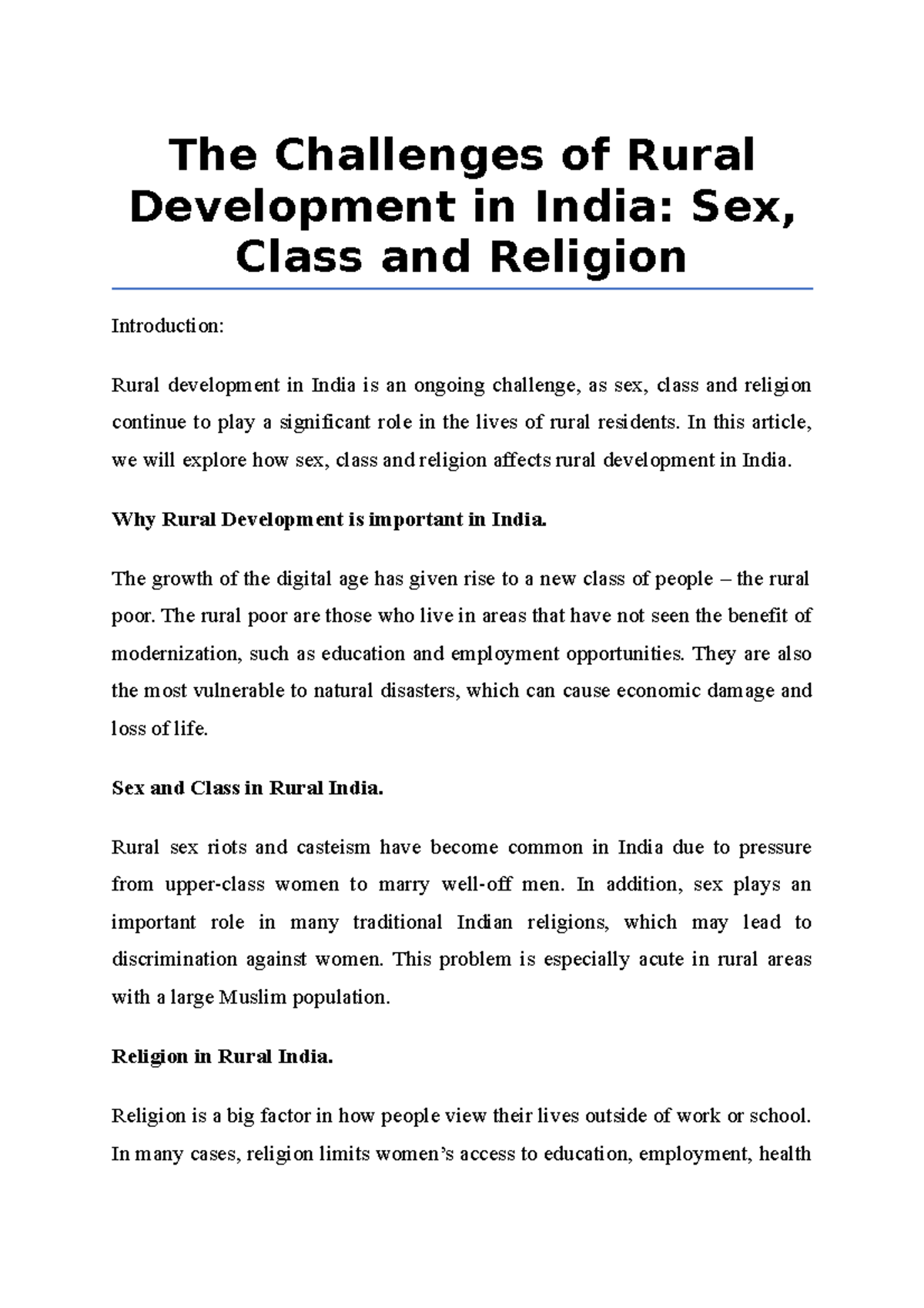 The Challenges of Rural Development in India, Sex, Class and Religion ...