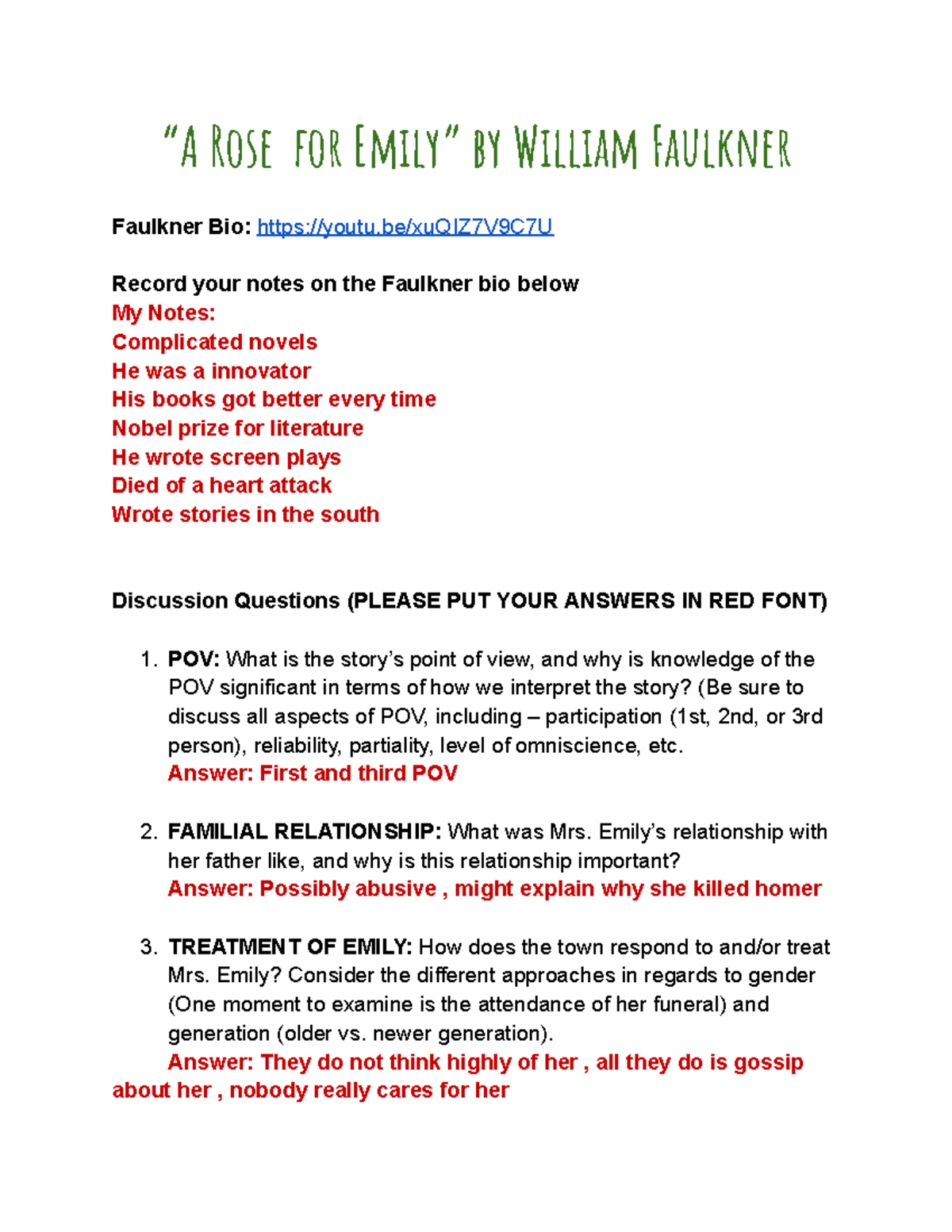 “A Rose for Emily” by William Faulkner - Answer: First and third POV ...