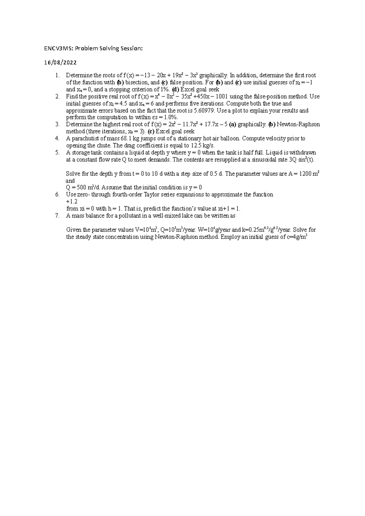 ENCV3MS Problem solving 1 - ENCV3MS: Problem Solving Session: 16/08/ Determine the roots of f (x ...