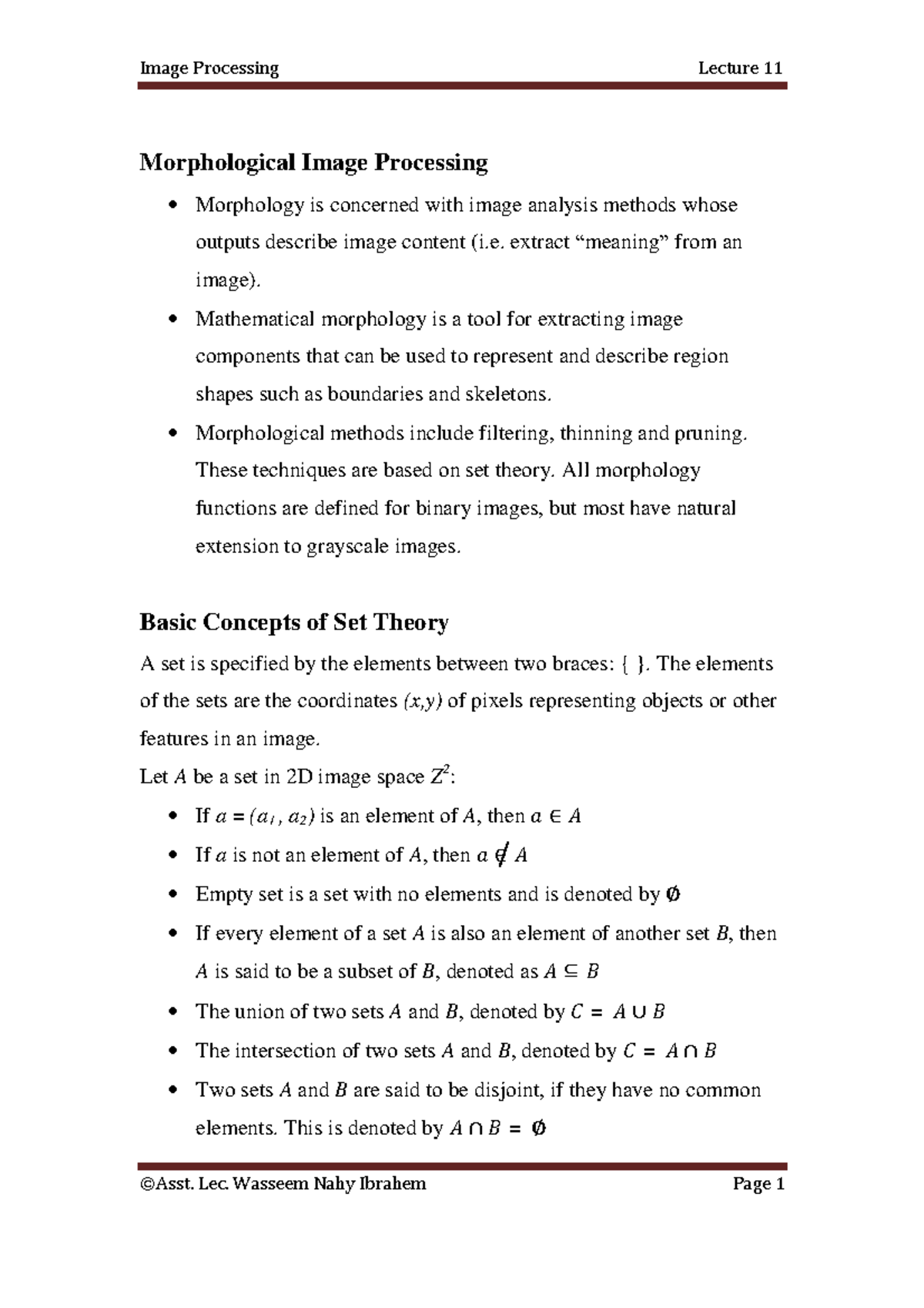 DIP Lecture 11 - Morphological Image Processing • Morphology is ...