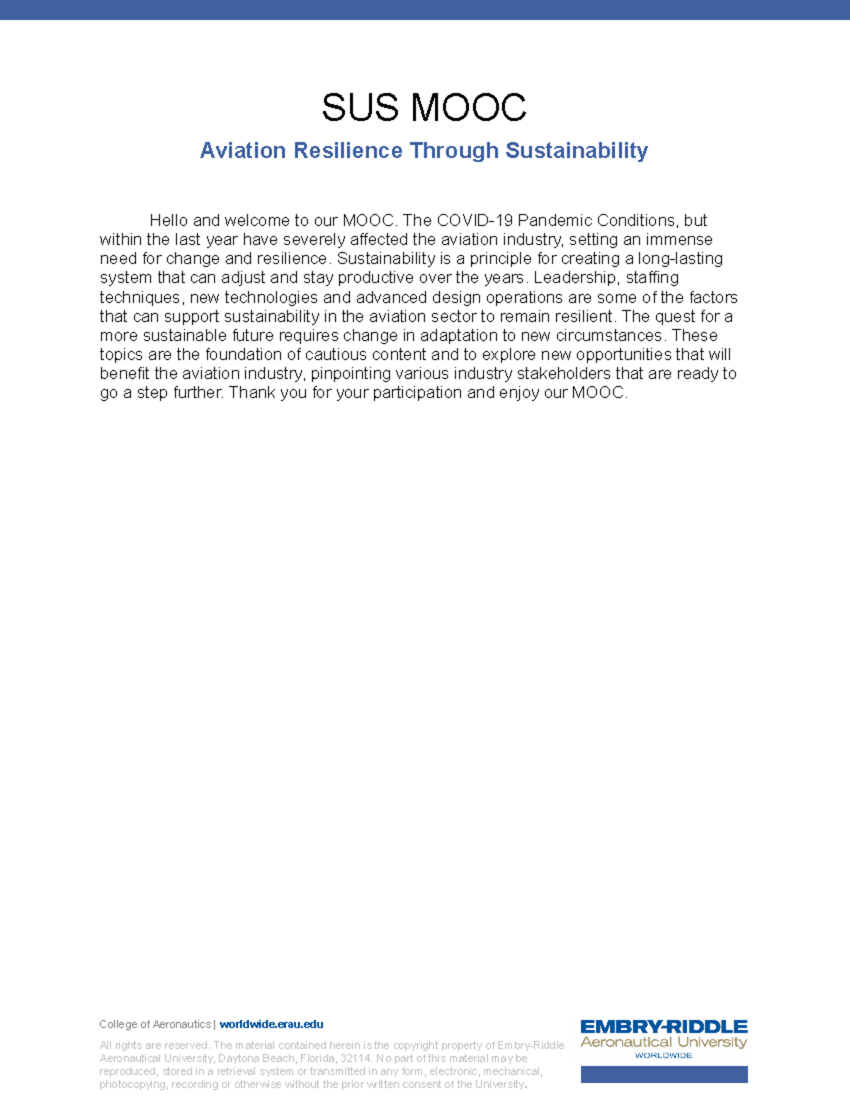 Aviation Resilience Through Sustainability - SUS MOOC Aviation ...
