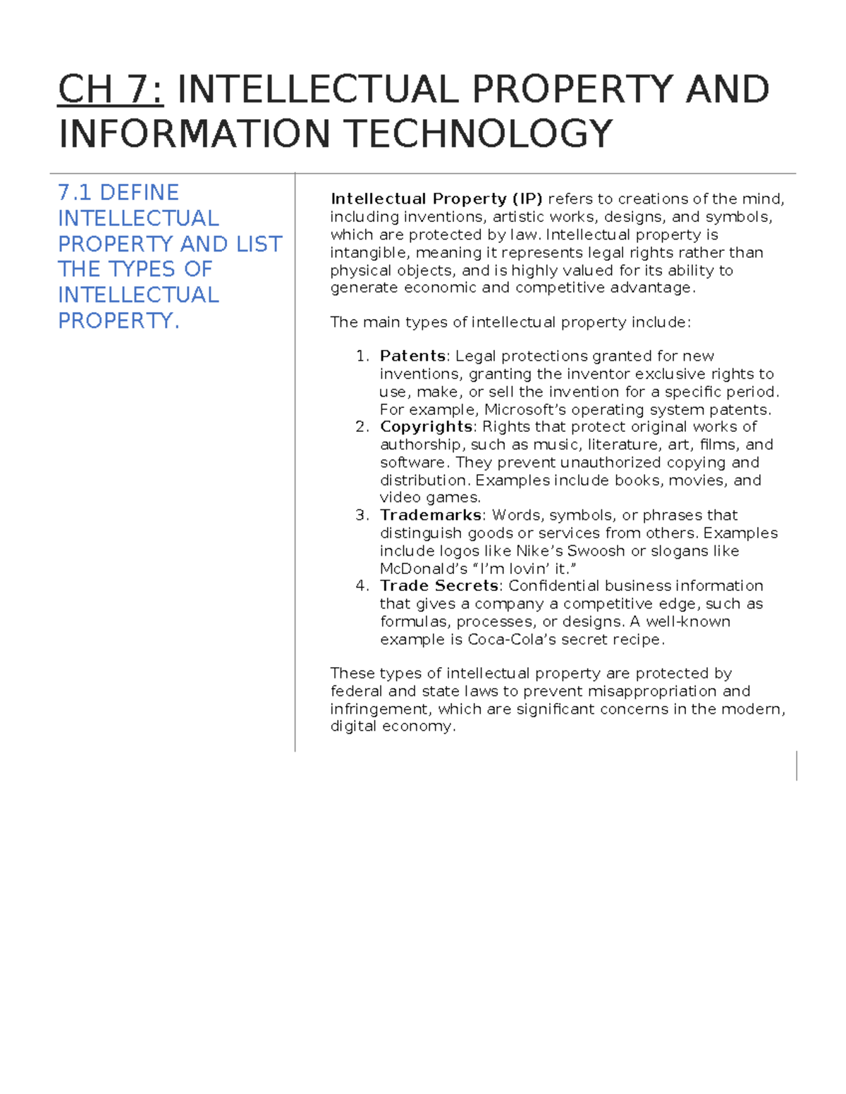 BUL Ch 7 Notes - CH 7: INTELLECTUAL PROPERTY AND INFORMATION TECHNOLOGY ...