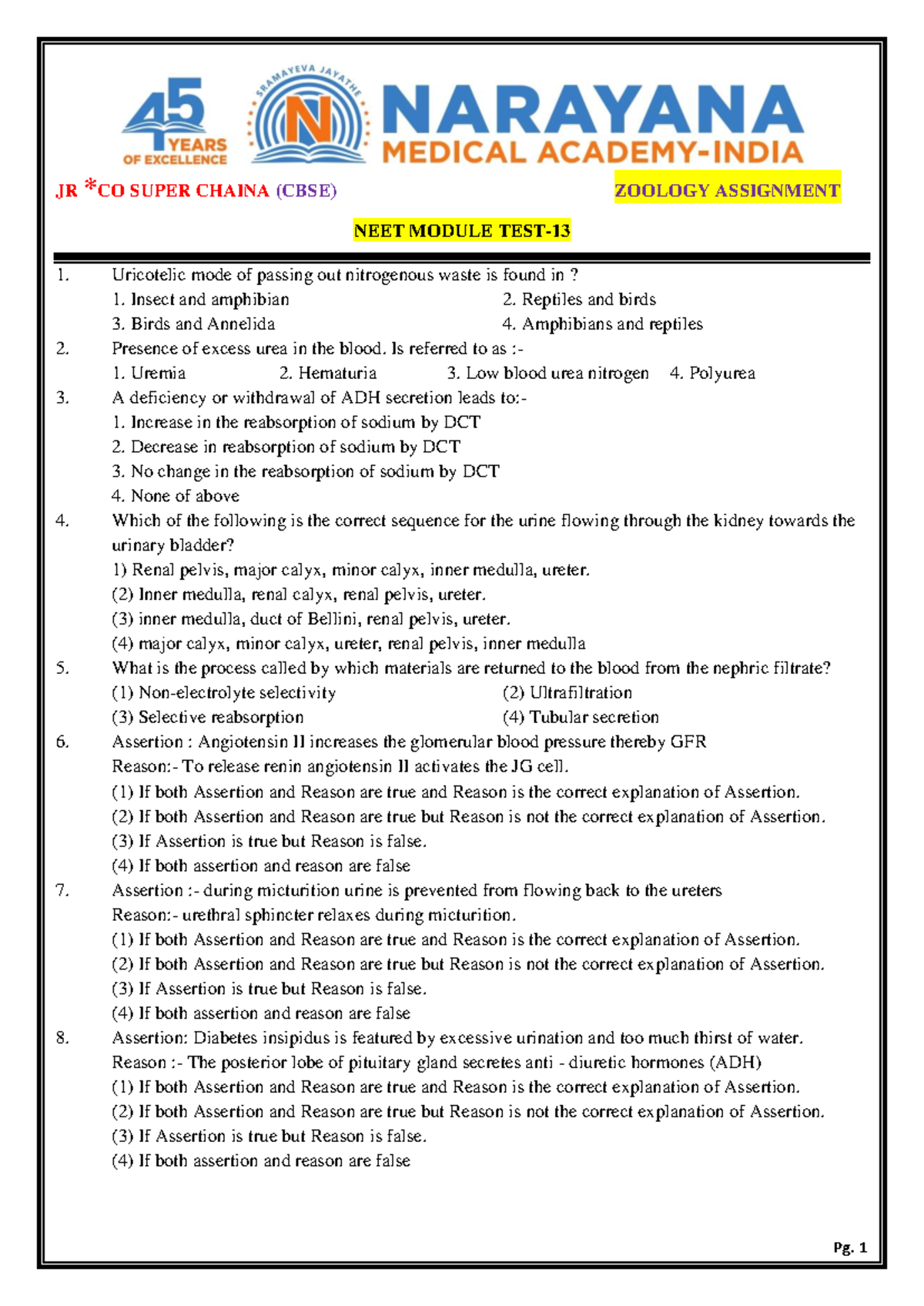 JR STAR NEET CBSE MT-13 Zoology Assignment - JR *CO SUPER CHAINA (CBSE ...