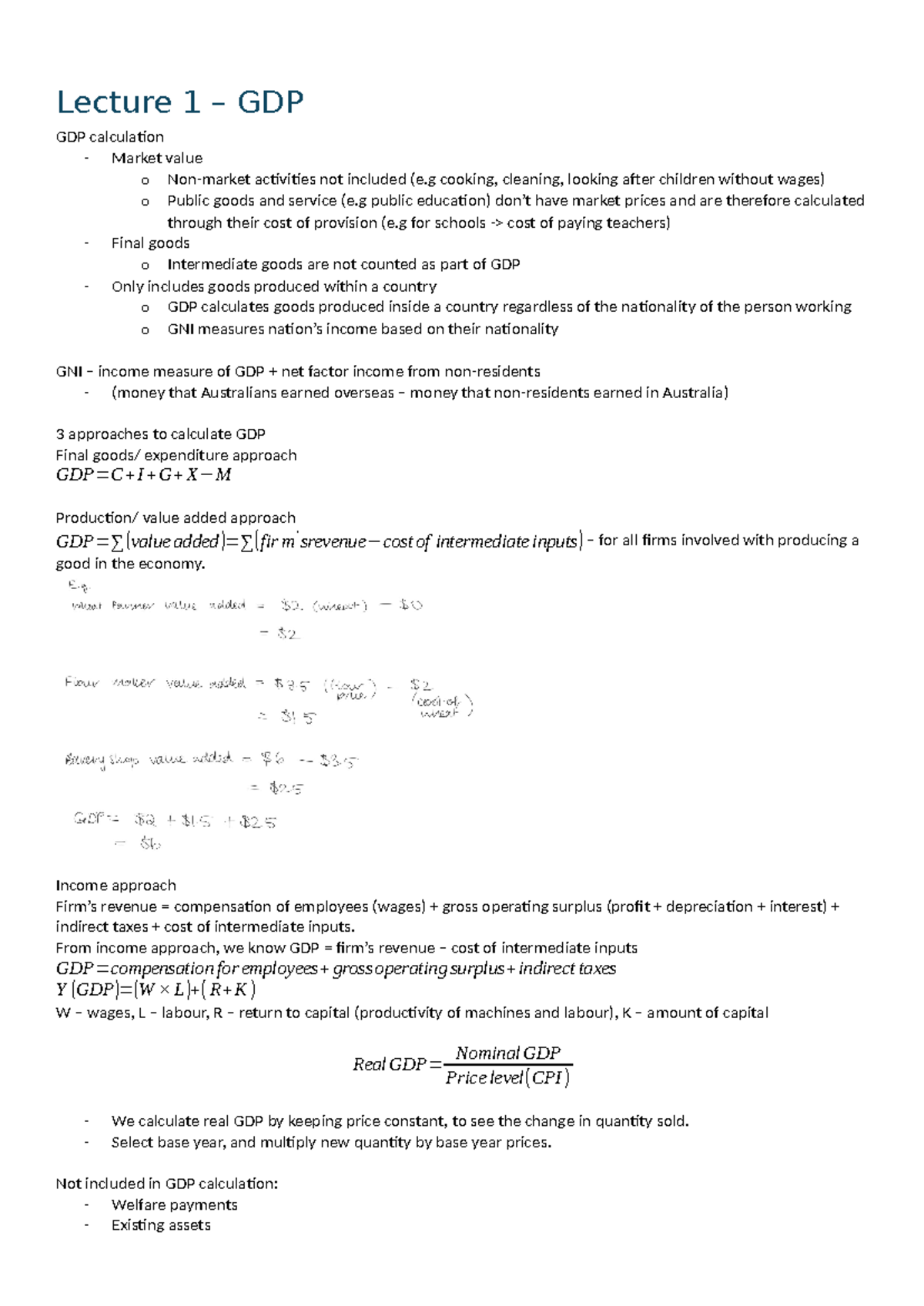 ECON1002 - Lecture notes from topic 1-6 - Lecture 1 – GDP GDP ...