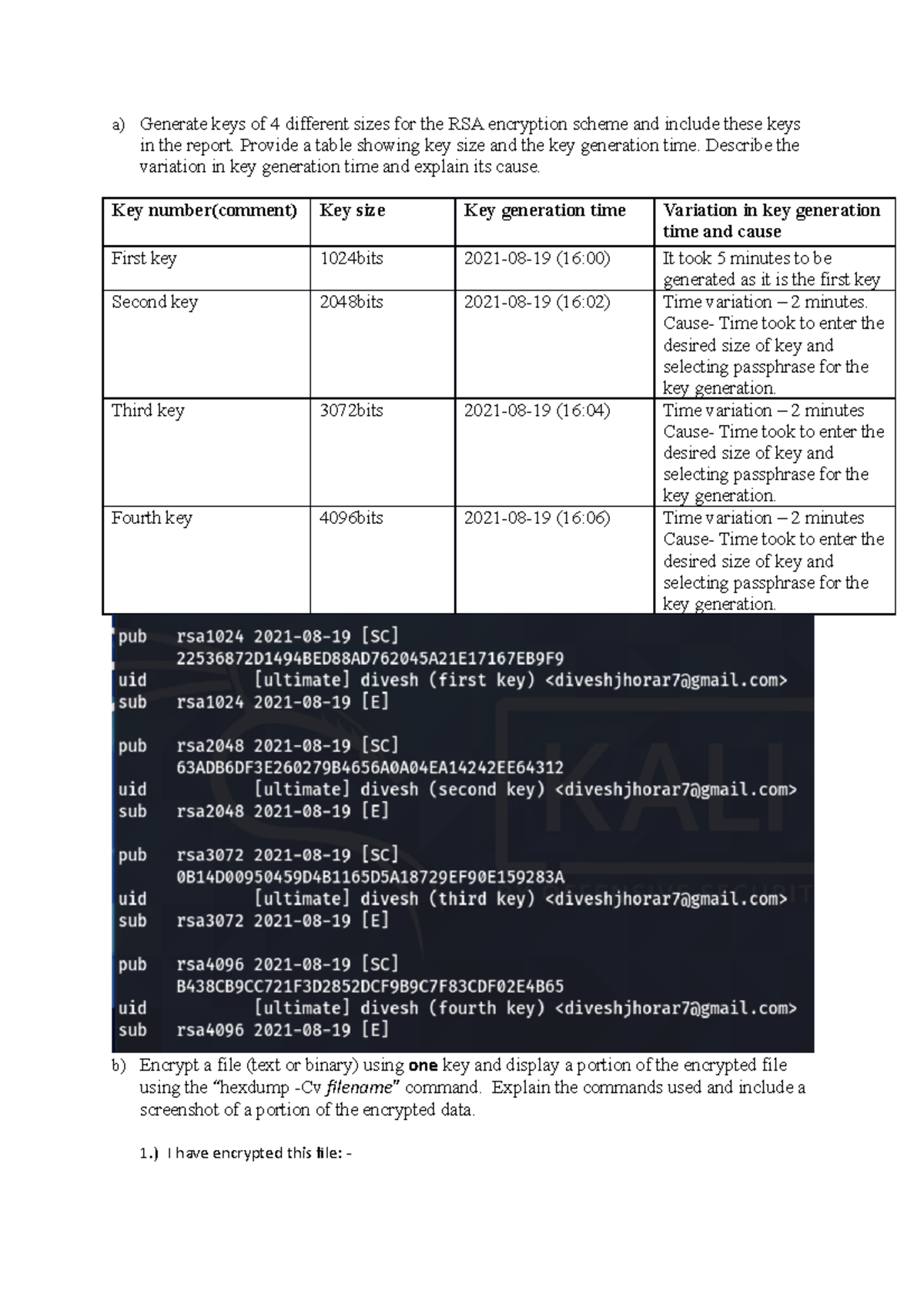 Assignment 01 - Lecture notes 3 - a) Generate keys of 4 different sizes ...