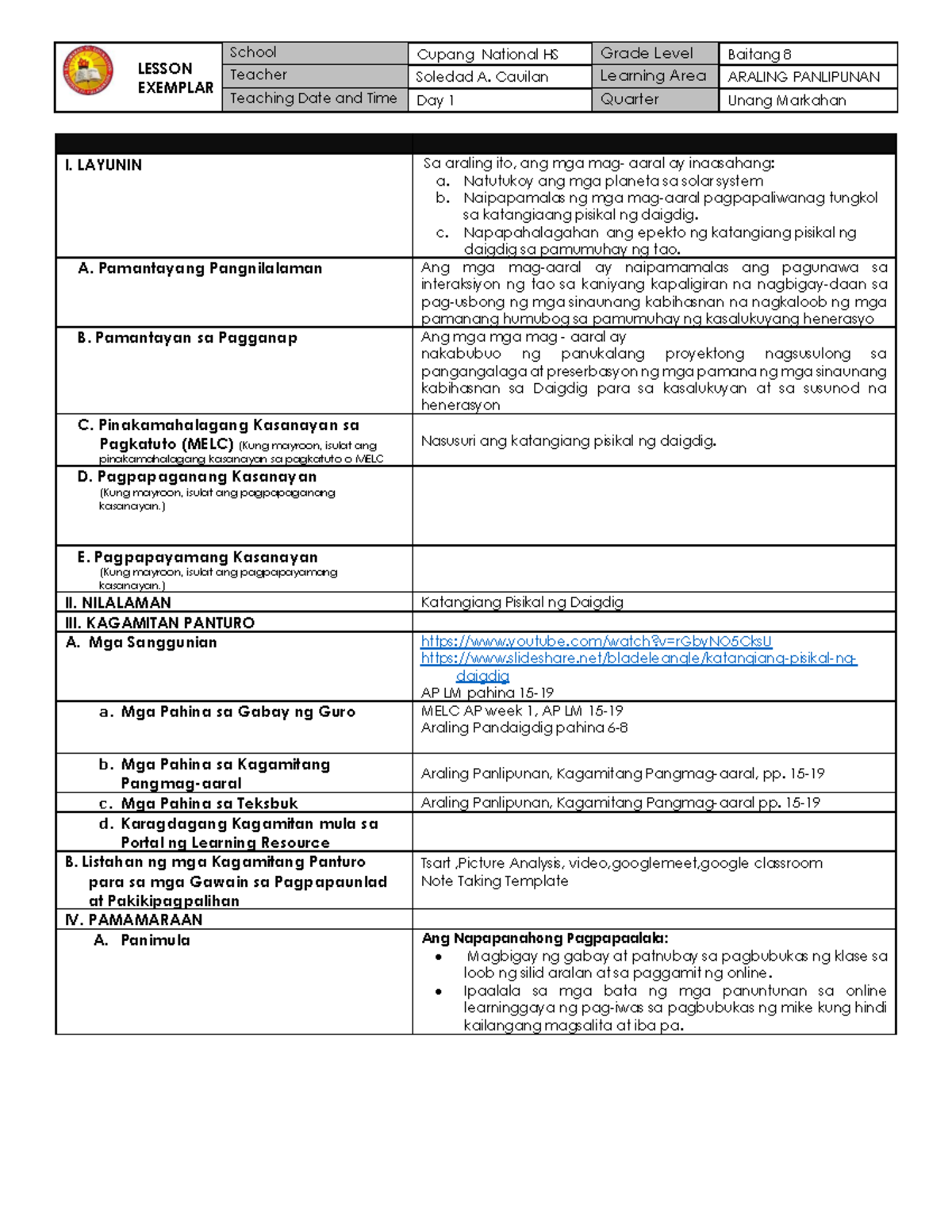 Exemplar DAY 1 - LESSON EXEMPLAR School Cupang National HS Grade Level ...