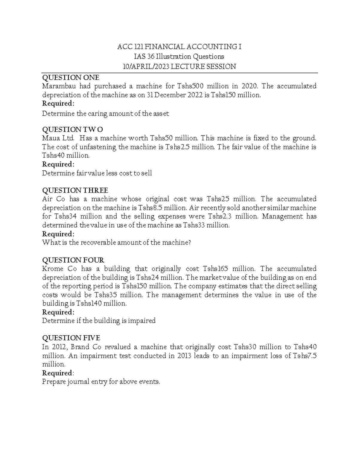 IAS 36 Illustration Questions 1 - finance - Studocu