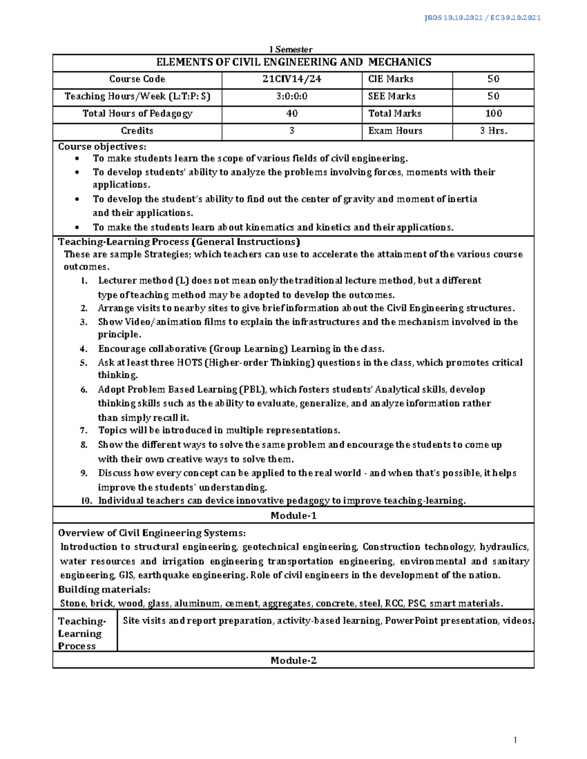 21civ14 - MODEL PAPER - I Semester ELEMENTS OF CIVIL ENGINEERING AND ...
