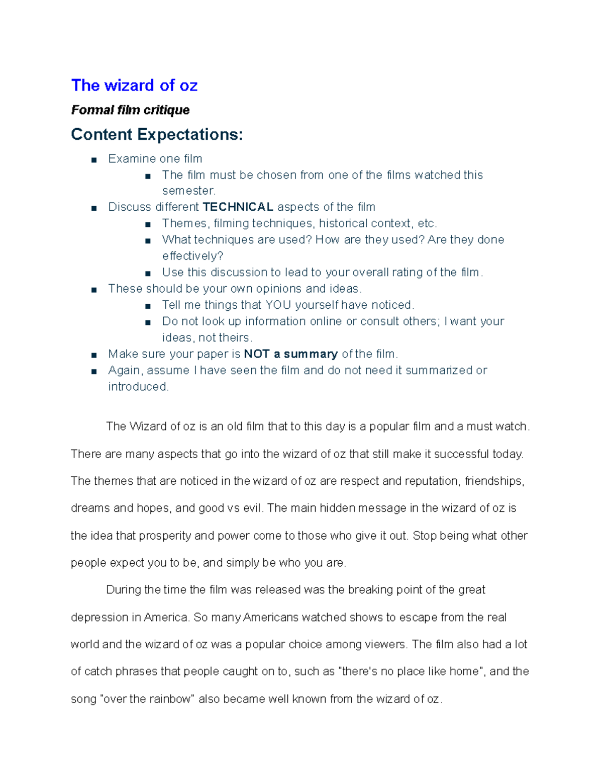 Formal film critique - The wizard of oz Formal film critique Content ...