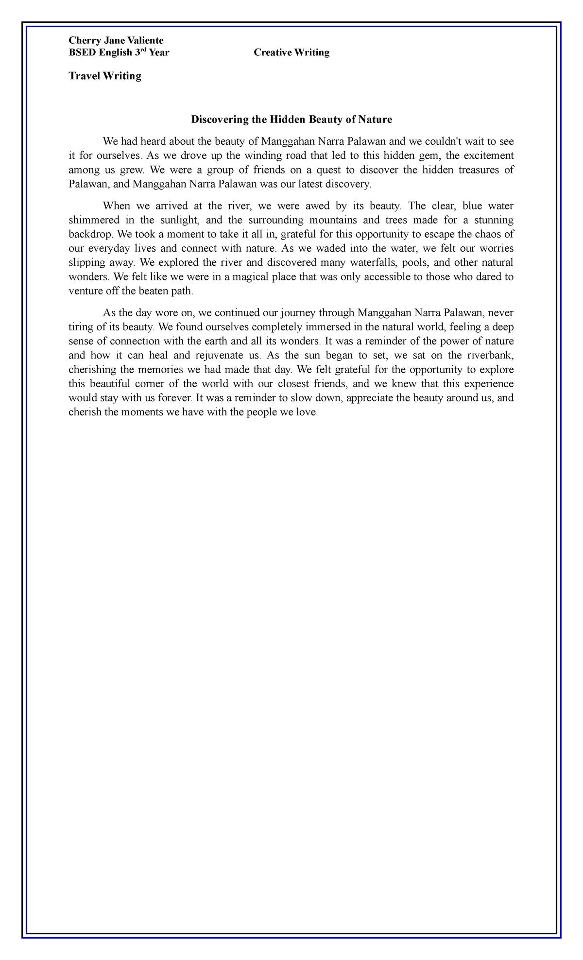 Travel Writing About my Journey - Cherry Jane Valiente BSED English 3rd ...