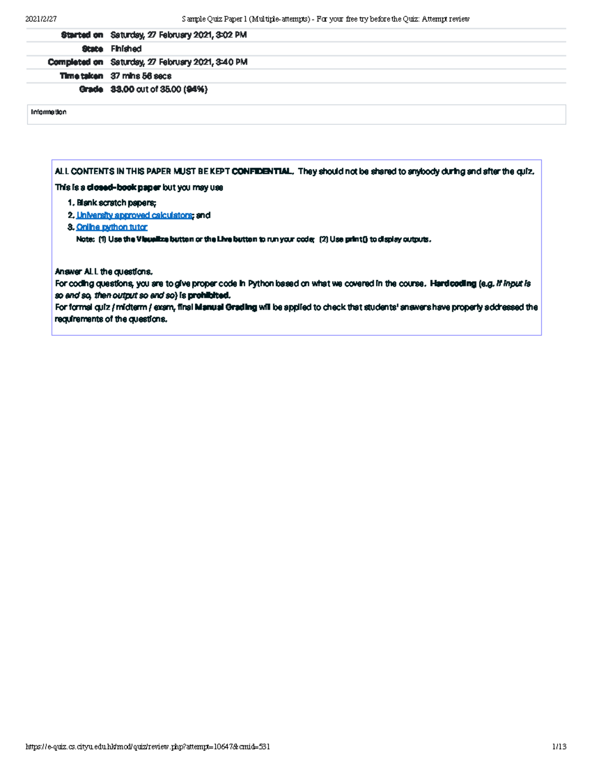2 Sample Quiz Paper 1 - Started on Saturday, 27 February 2021 , 3 02 PM ...