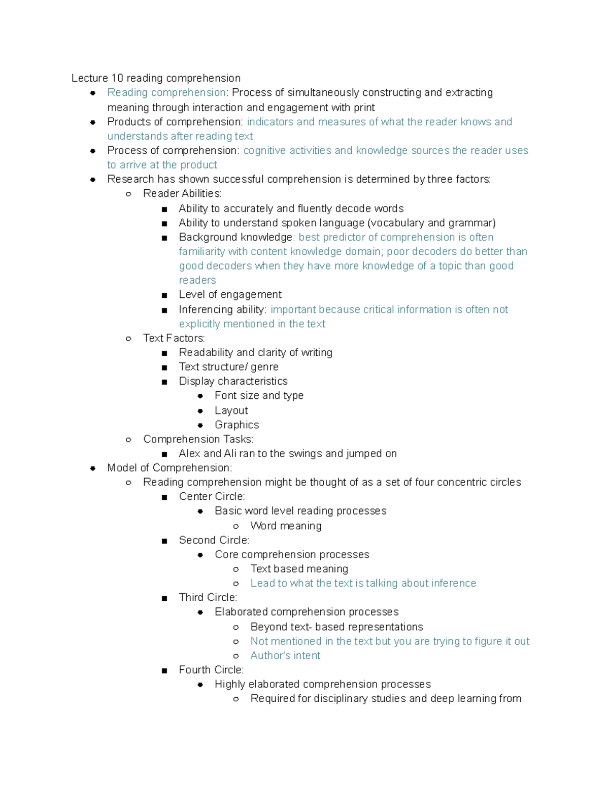 Literacy and the SLP Exam 3 - Lecture 10 reading comprehension Reading ...