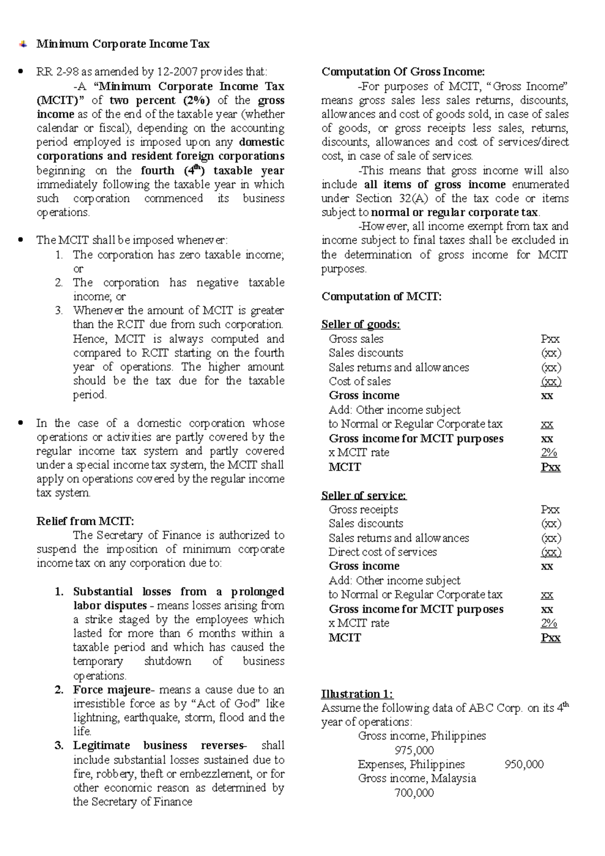 Minimum Corporate Income Tax The MCIT Shall Be Imposed Whenever 1