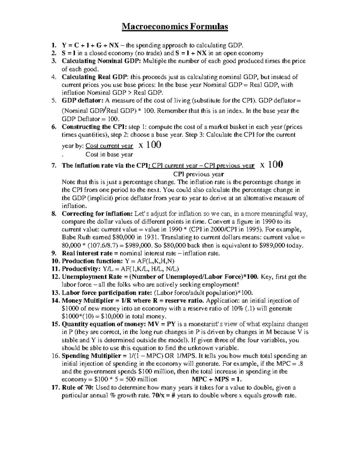 Macro Formulas Notes Macroeconomics Formulas Y C I G Nx