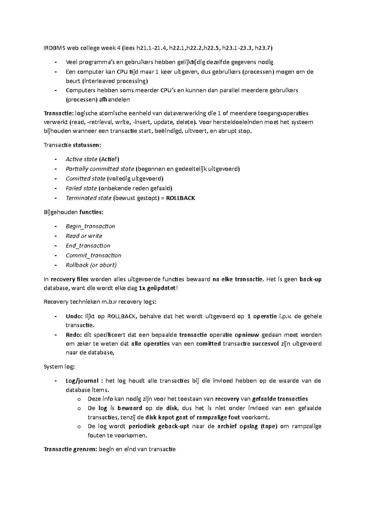 Irdbms webcollege week 4 - IRDBMS web college week 4 (lees h21.1-21 ...