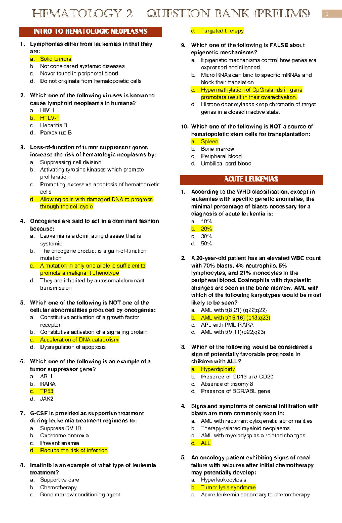HEMA 2 Question BANK Prelims ( Rodaks) - HEMATOLOGY 2 – qu EsTiOn bAnk ...