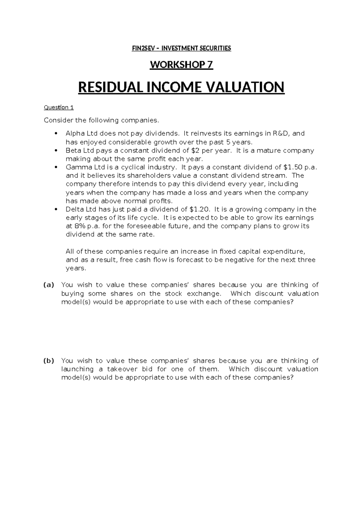 Week 8 Workshop Questions - FIN2SEV – INVESTMENT SECURITIES WORKSHOP 7 ...