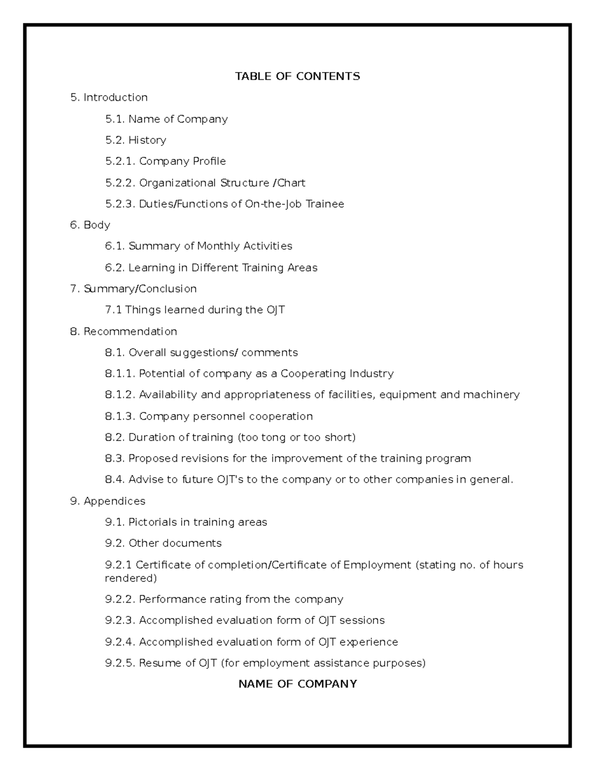 OJT Portfolio - TABLE OF CONTENTS Introduction 5. Name of Company 5 ...