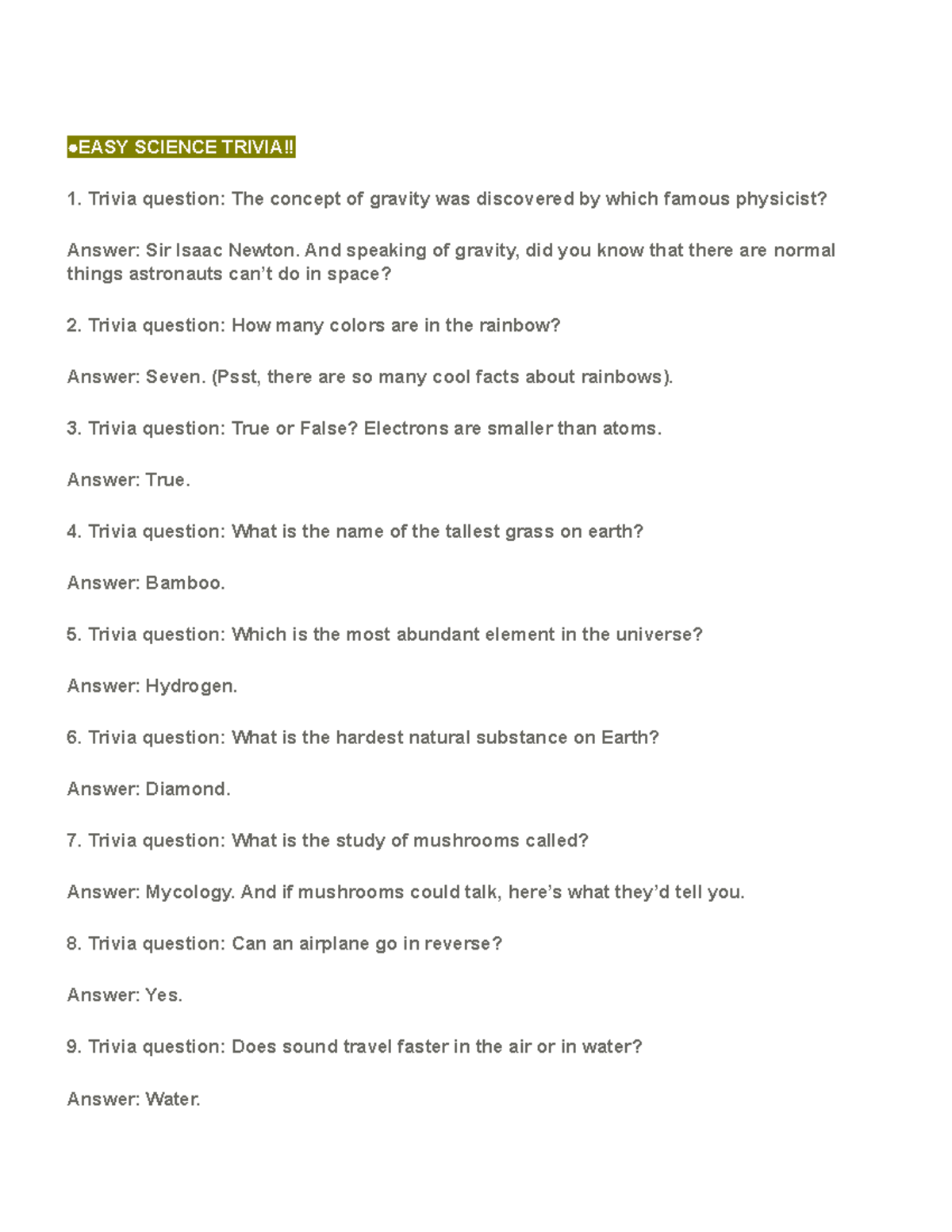 Document (1) 071137 - School - EASY SCIENCE TRIVIA!! Trivia question ...