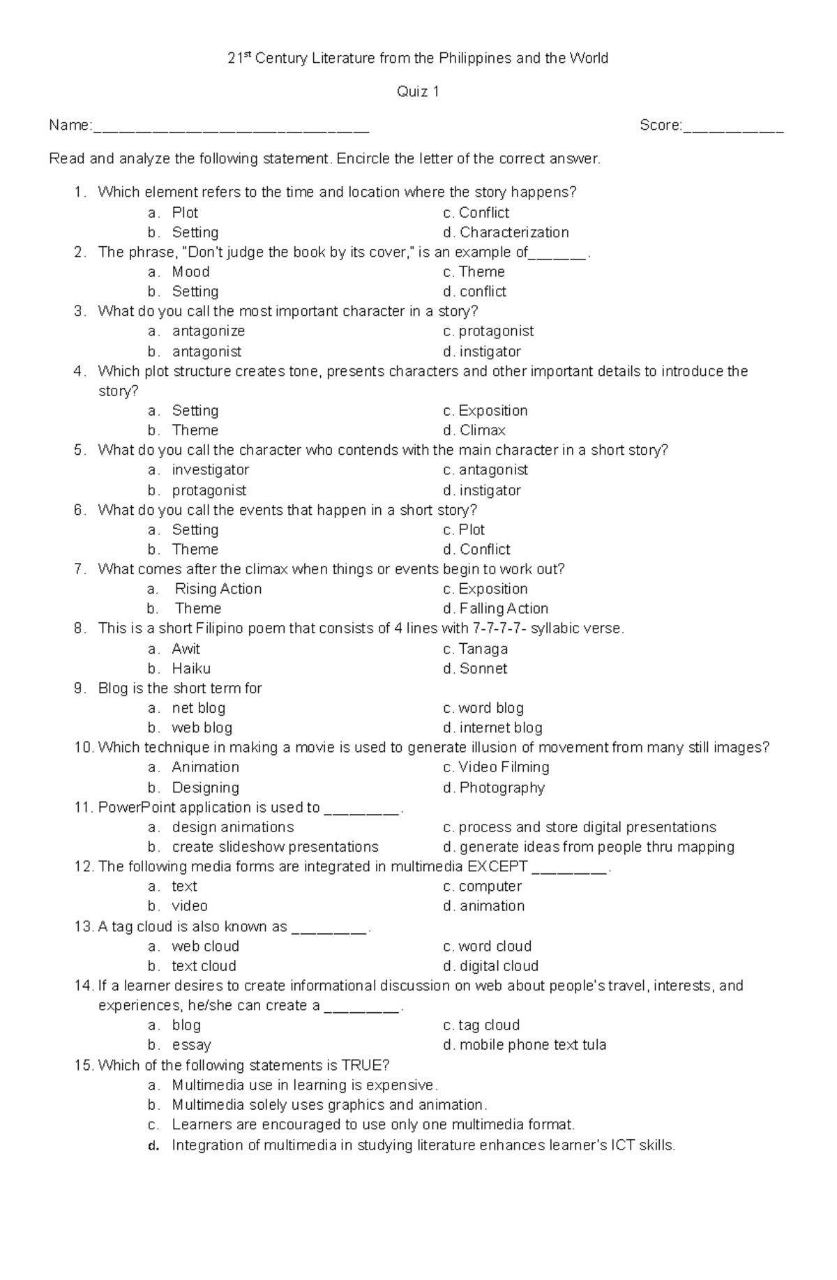 21st Quiz 1 - QUIZ - 21 st Century Literature from the Philippines and ...