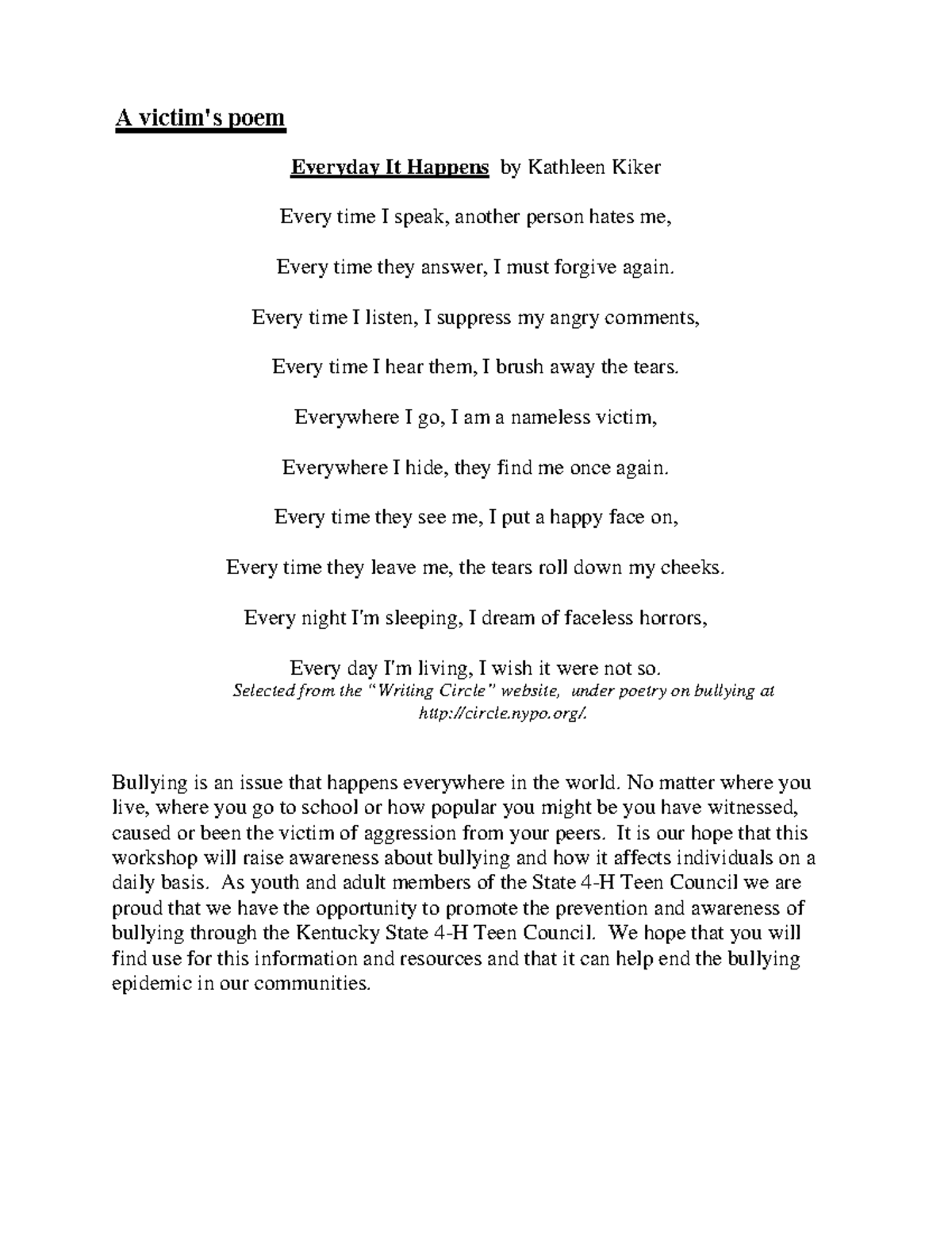 The Causes And Effects Of Bullying Essay - A victim's poem Everyday It ...