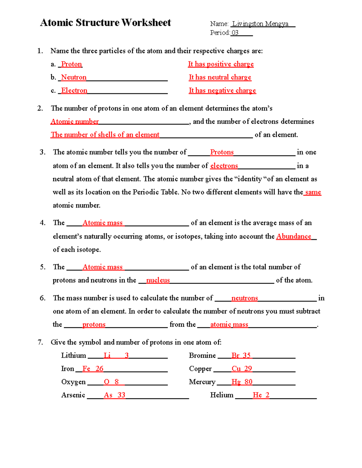 Atomic structure part 2 - Atomic Structure Worksheet Name: Livingston ...
