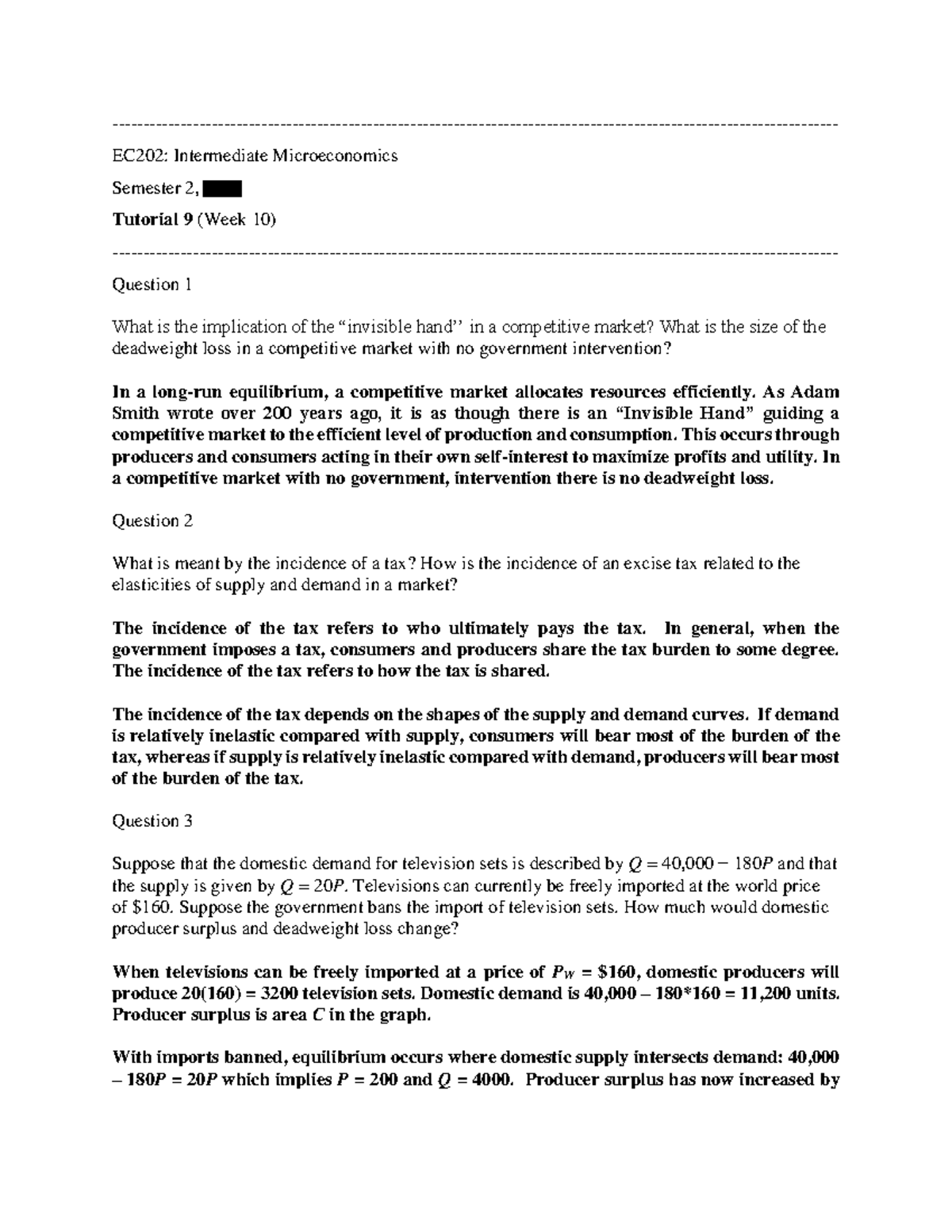 Tutorial 9 Solutions - EC202: Intermediate Microeconomics Semester 2 ...