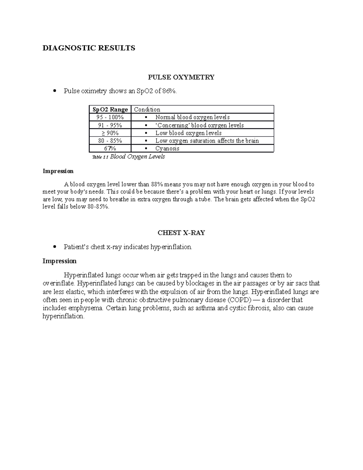 Diag - diagnosis - DIAGNOSTIC RESULTS PULSE OXYMETRY Pulse oximetry ...