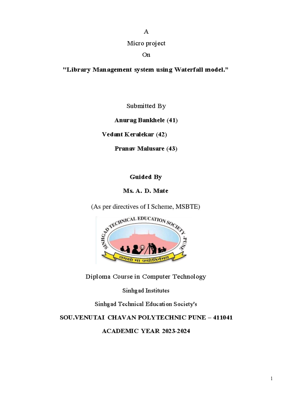 SEN microproject - 1 A Micro project On "Library Management system using Waterfall model.” - Studocu