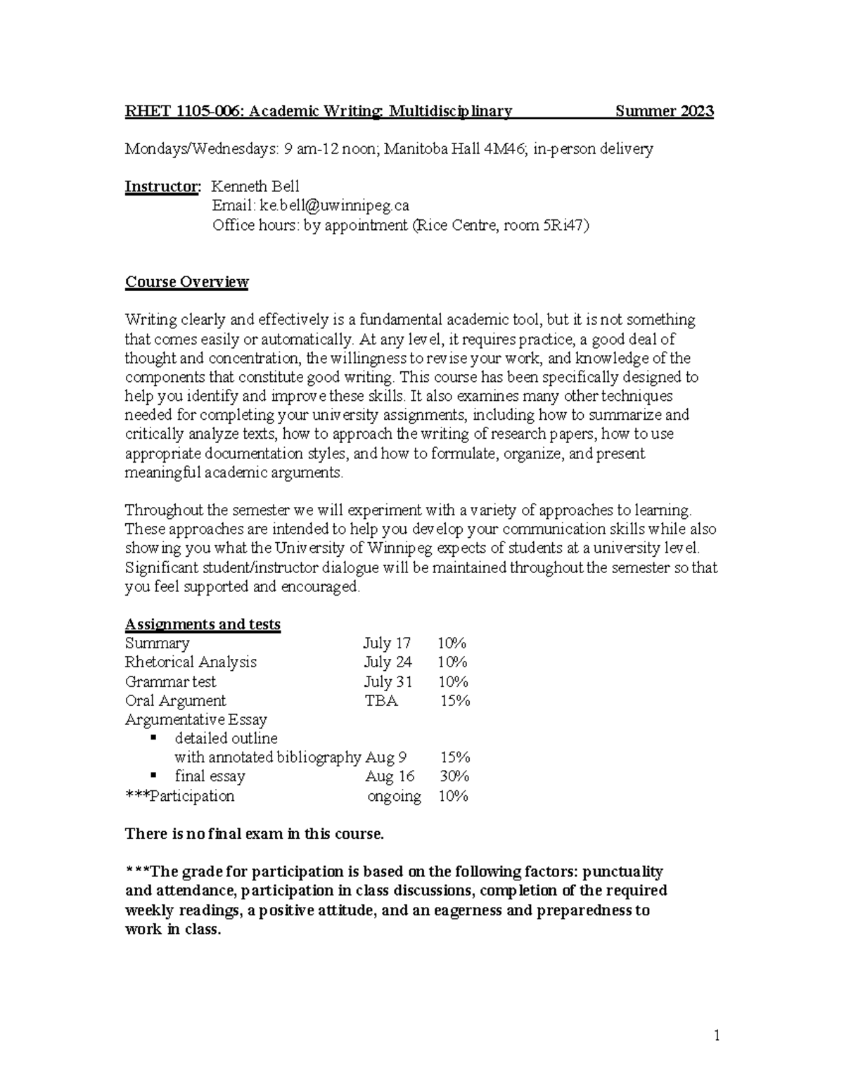 RHET Summer 2023 - Course Outline - RHET 110 5 - 006 : Academic Writing ...