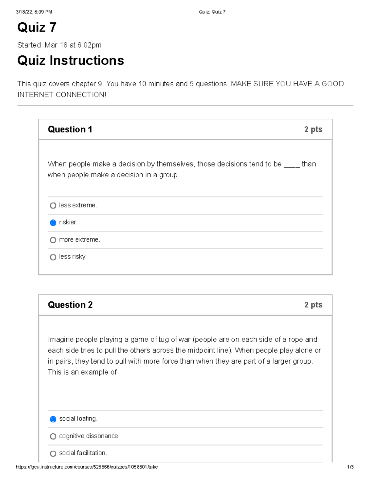 Quiz Quiz 7 - 3/18/22, 6:09 PM Quiz: Quiz 7 fgcu.instructure/courses ...
