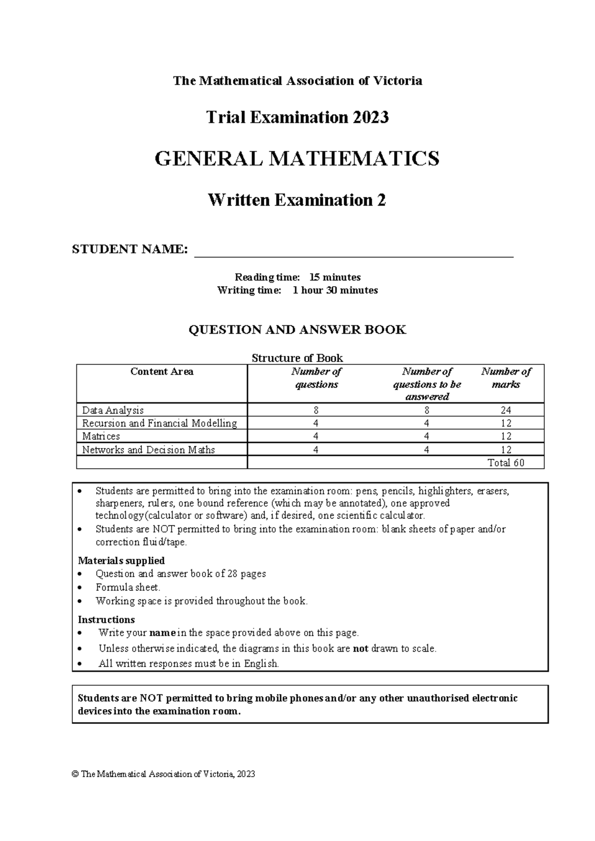 2023 MAV General Maths Trial Exam 2 - The Mathematical Association of ...