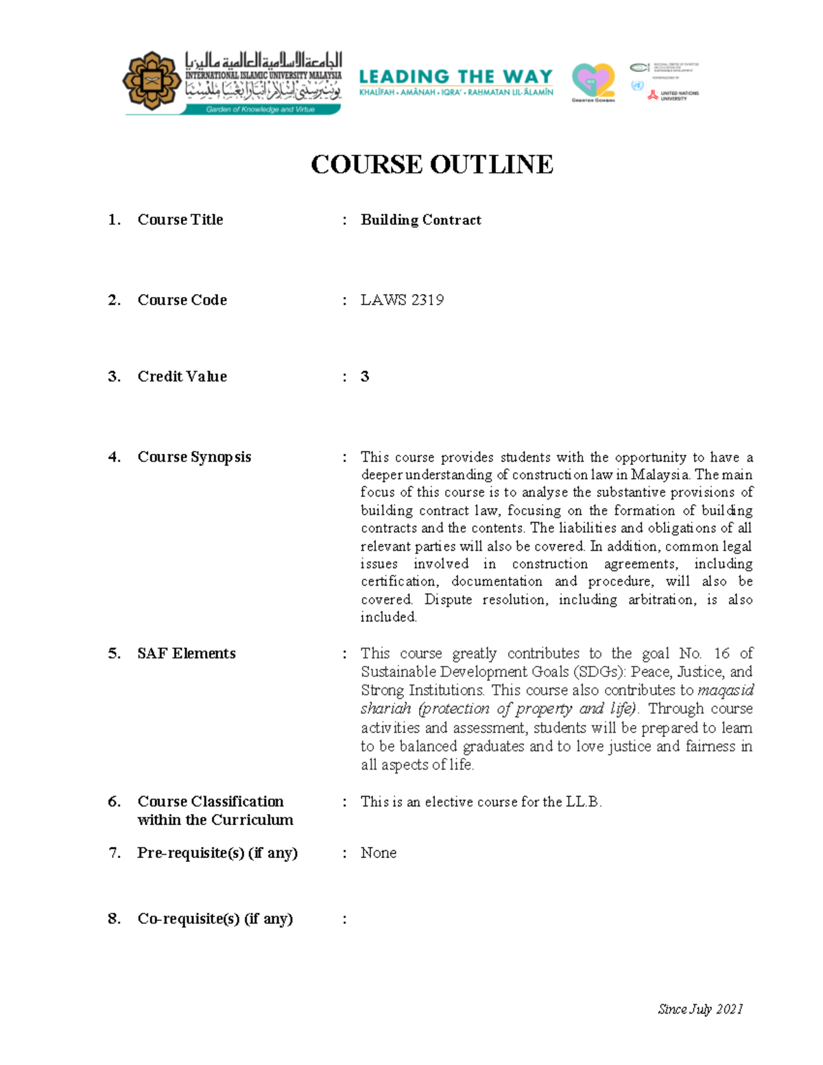 Course Outline Building Contracts - COURSE OUTLINE 1. Course Title ...