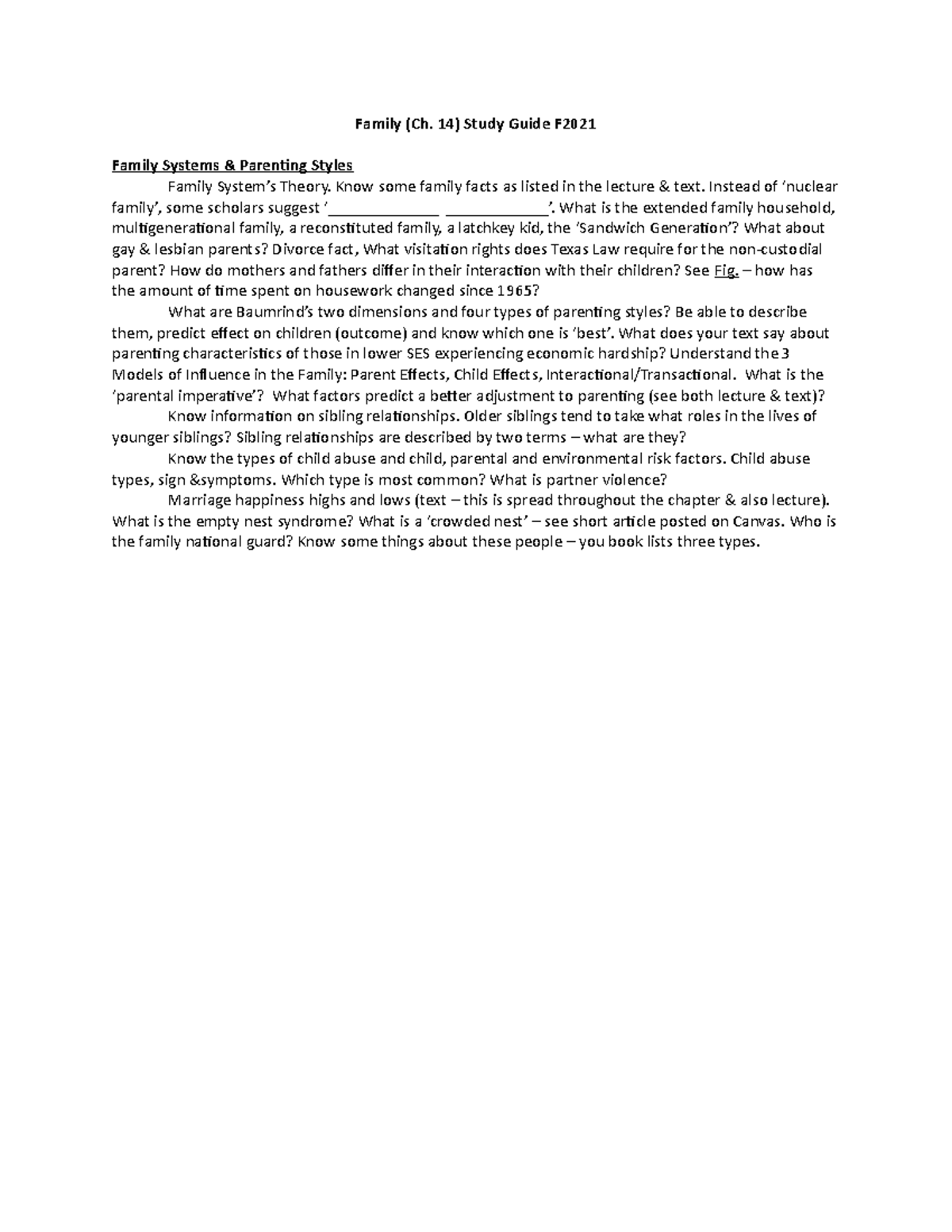 Family Stdy guide F2021 - Family (Ch. 14) Study Guide F Family Systems ...