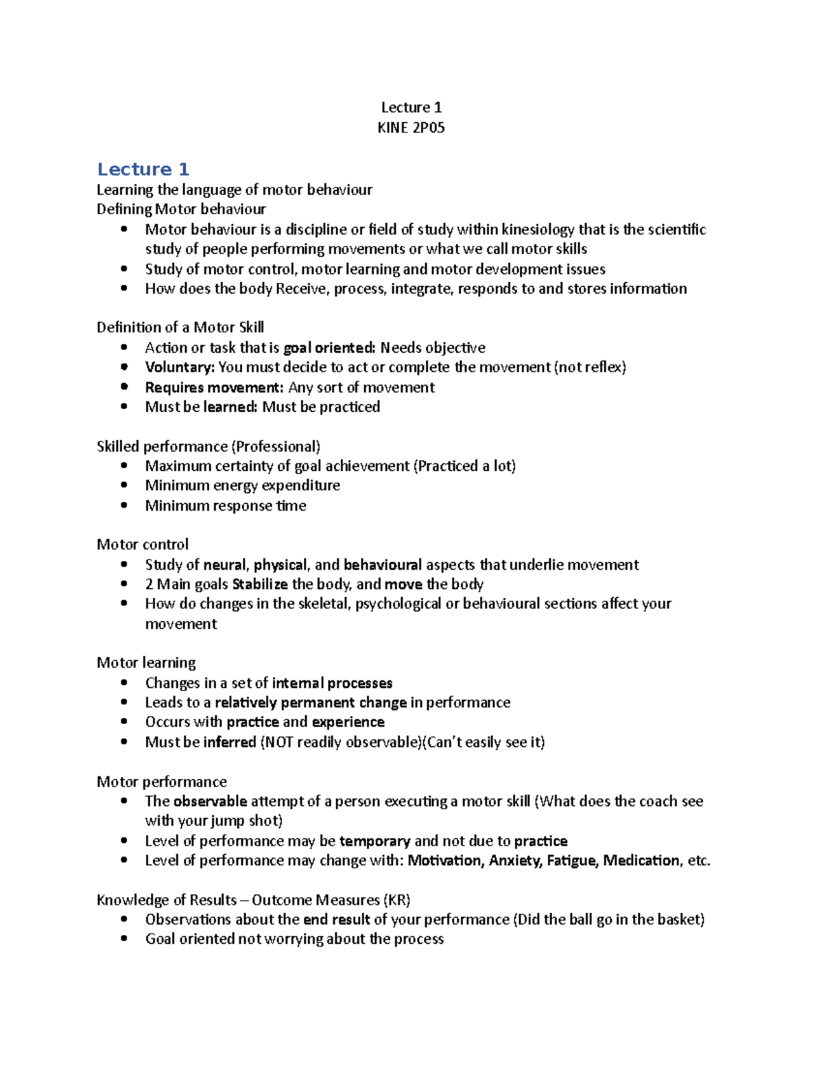 KINE 2P05 All Lectures - Lecture 1 KINE 2P Lecture 1 Learning the language of motor behaviour ...