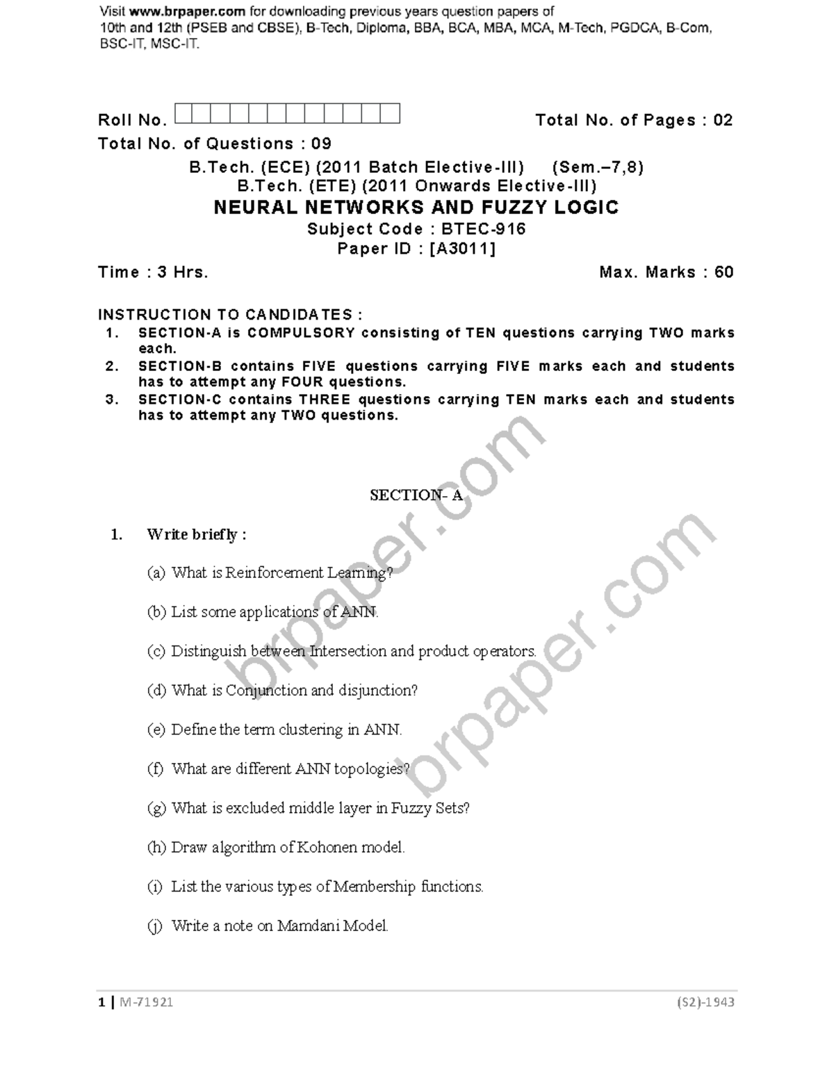 CI END - ci question paper - 1 | Roll No. Total No. of Questions : 09T ...