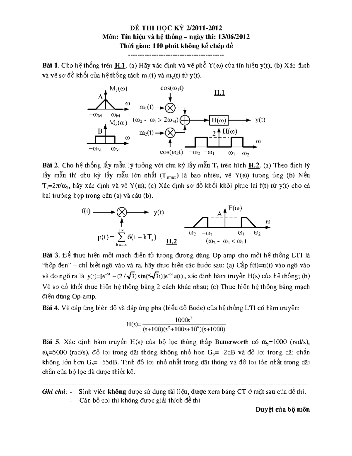CK 121 - Ho Chi Minh City University of Technology - THI H C K 2/2011- Môn: Tín hi u và h th ng ...