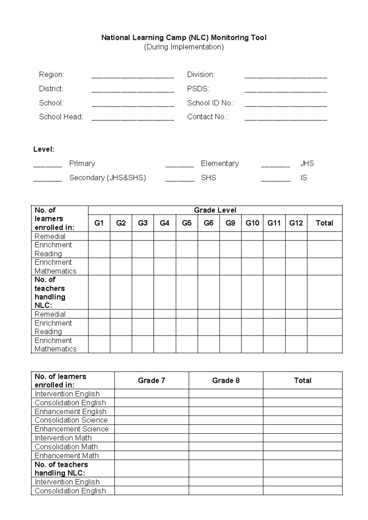 NLC-ME-Tool-Checklist - National Learning Camp (NLC) Monitoring Tool ...