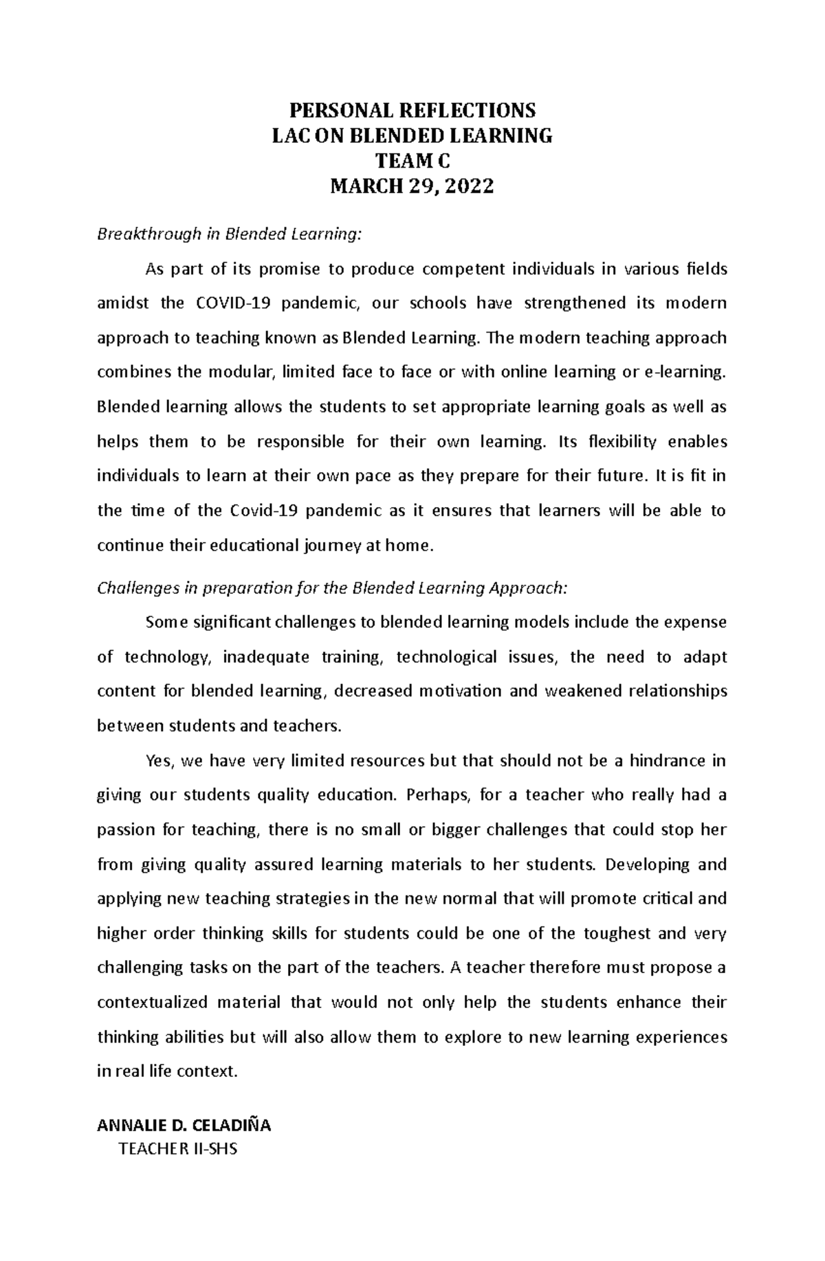 Personal Reflections - PERSONAL REFLECTIONS LAC ON BLENDED LEARNING ...