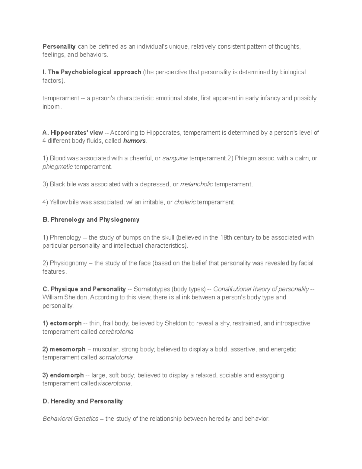 in class lecture notes: psych - Personality can be defined as an ...