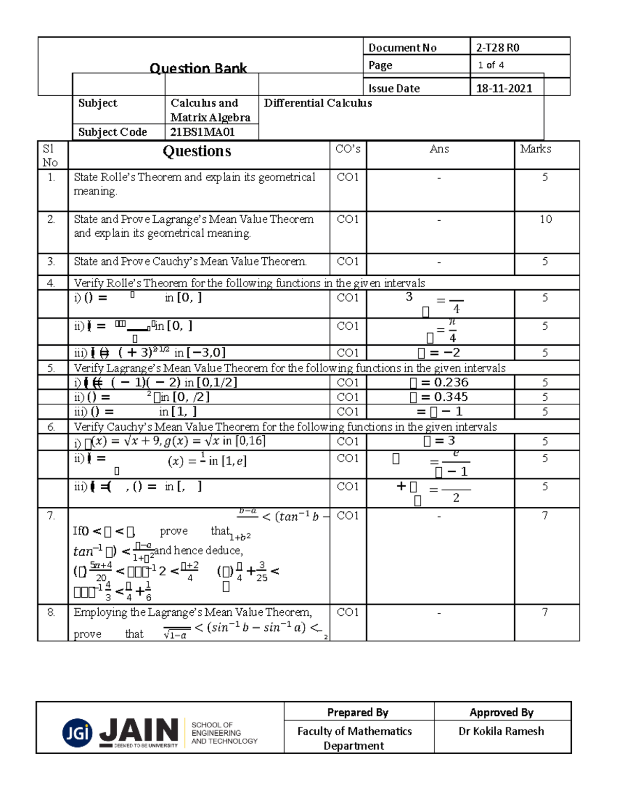 Module 1 QB - Subject Calculus and Matrix Algebra Differential Calculus Subject Code 21BS1MA Sl ...