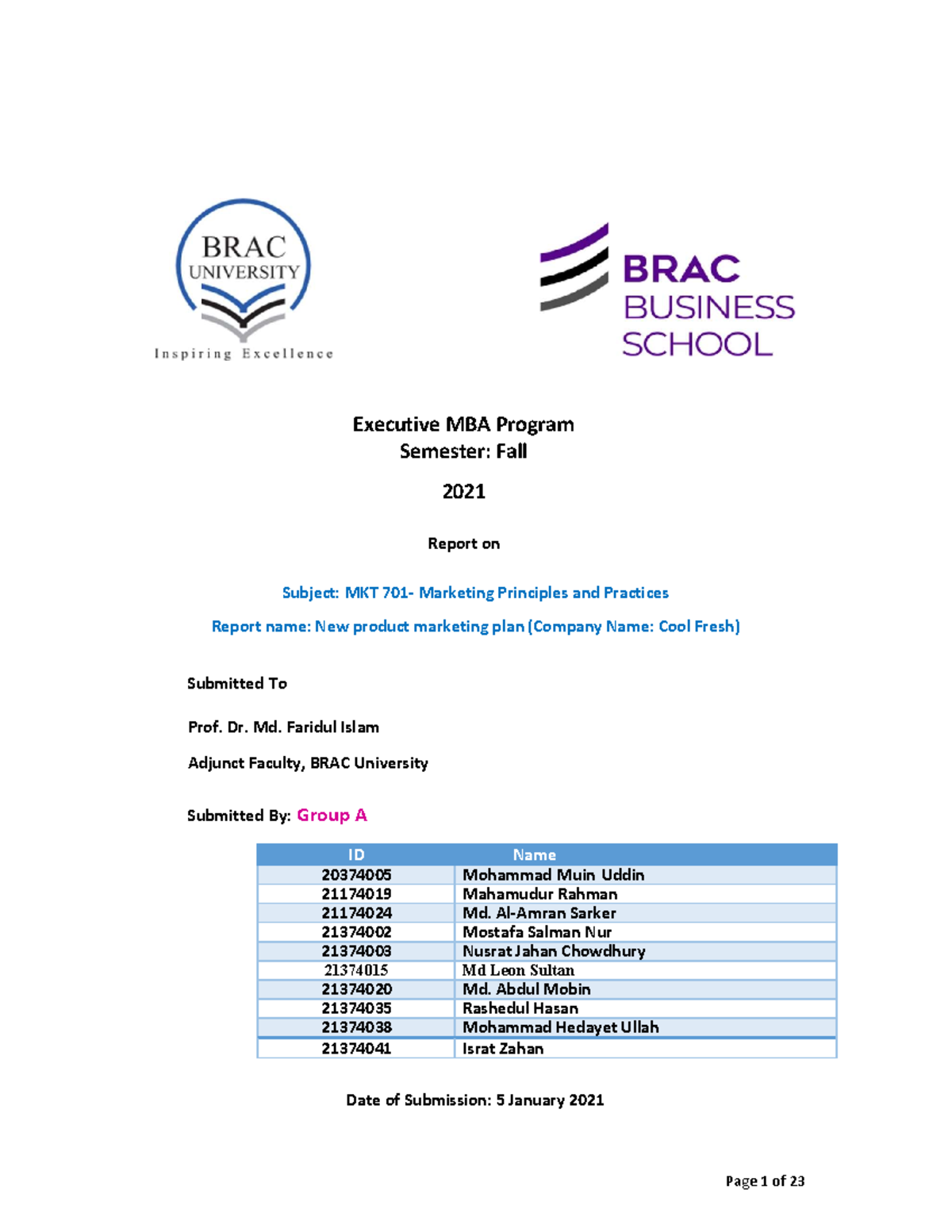 Final Term Paper MKT701 Group A - Executive MBA Program Semester: Fall ...