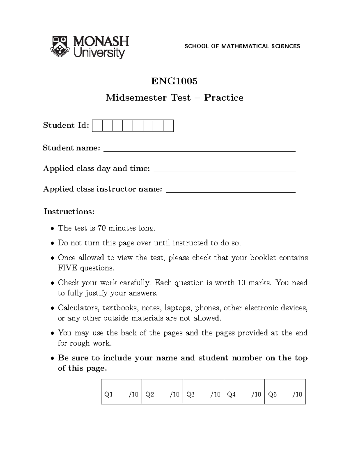 Exams 108-midsem - ENG1005 Mid-sem practice - SCHOOL OF MATHEMATICAL SCIENCES ENG Midsemester ...