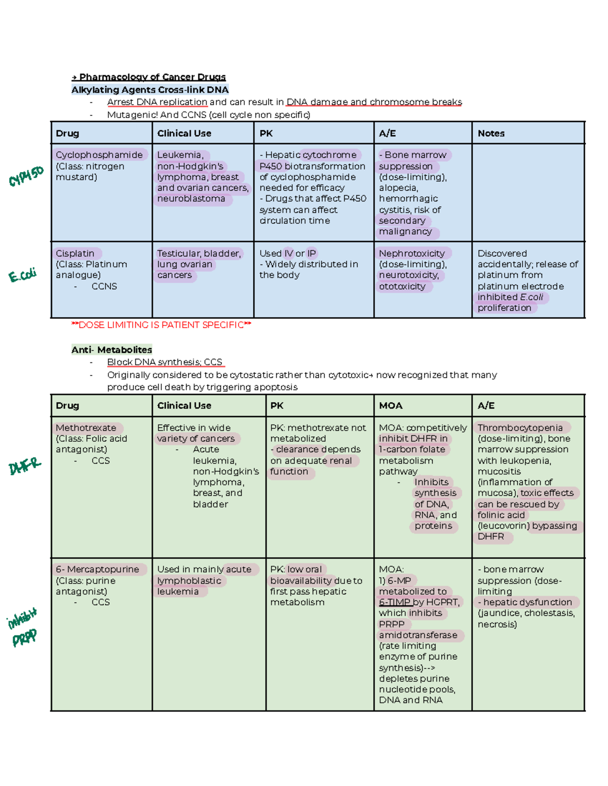 PMY 512 Exam 4 Drugs Chart - Pharmacology of Cancer Drugs Alkylating ...